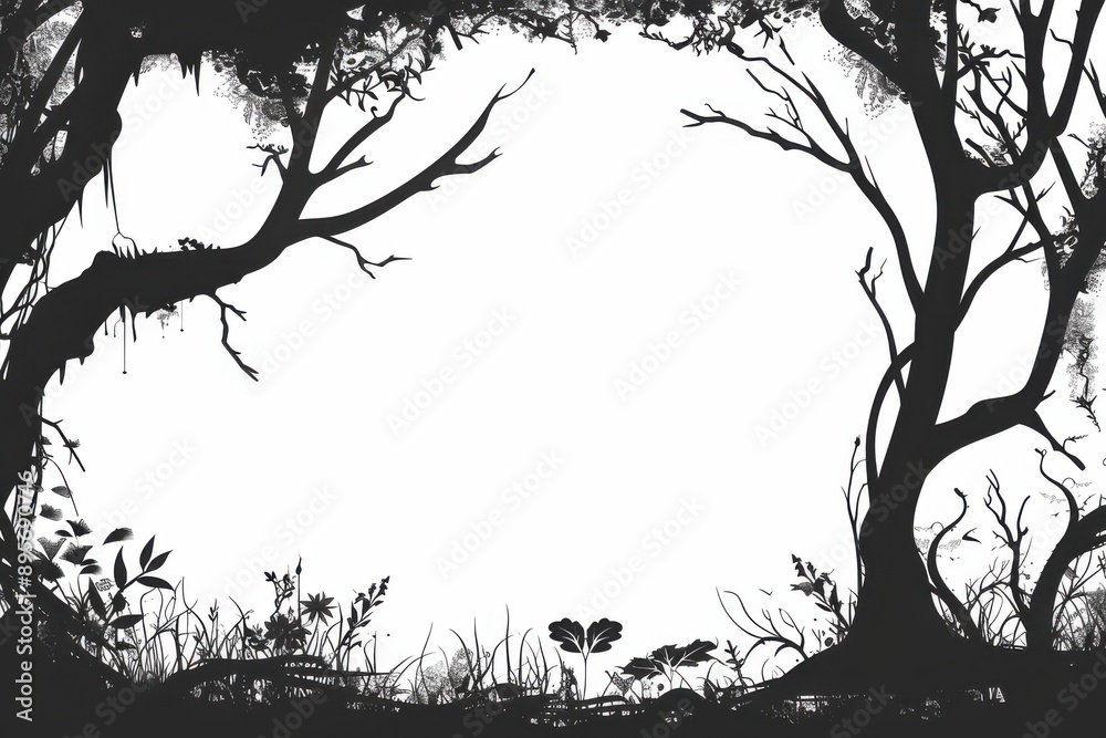 Silhouette Frame. Forest Border Design with Trees, Shrubs, and Snags ...