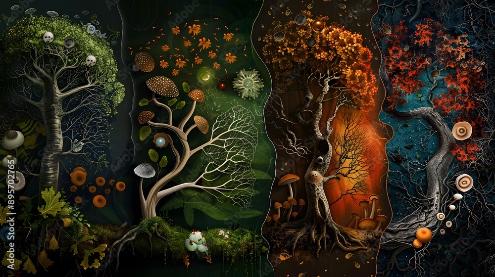 an intricate image portraying the biological lifecycle of an organism ...