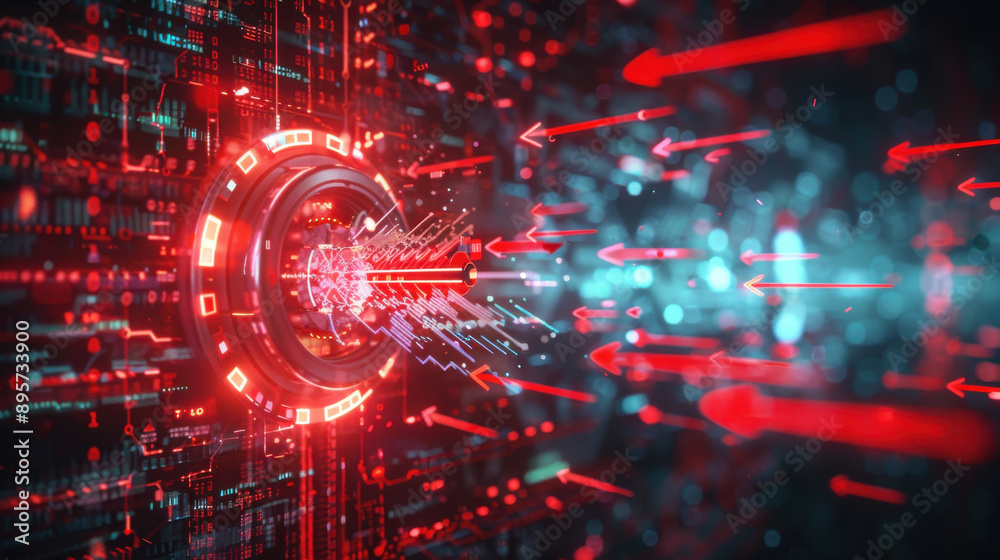 A visual representation of a network under attack, with red arrows ...