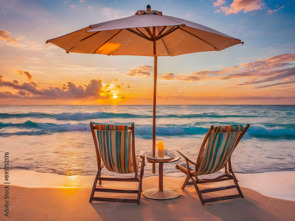 Amazing beach. Love chairs sandy beach sea. Luxury summer holiday and ...