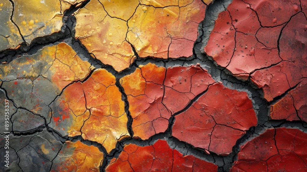 Cracked earth texture with vibrant red and yellow colors depicting ...