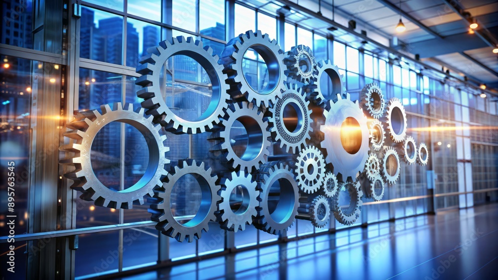 Digital display showcasing interlocking gears with reflection, symbolizing streamlined business ...