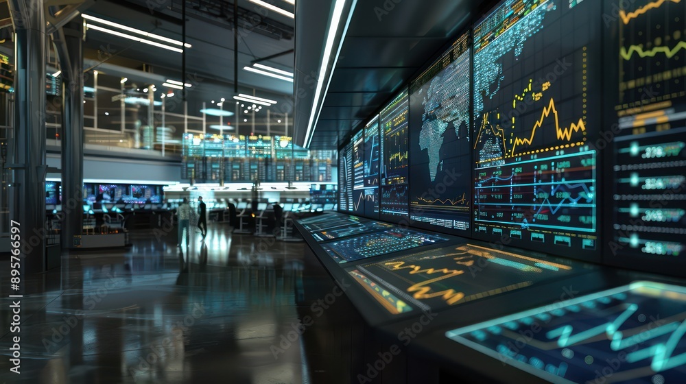 high-definition view of a modern trading floor with screens displaying ...