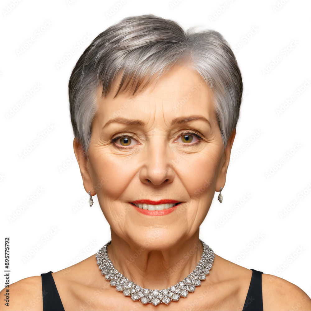 Woman in her 60s with a short pixie cut and a statement necklace ...