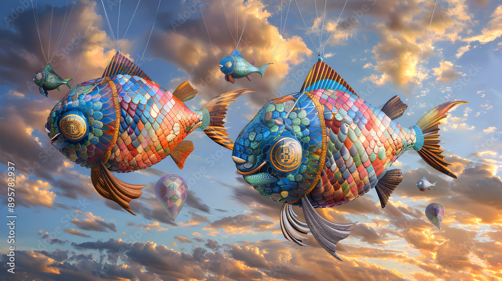 Surreal Flying Fish Balloons: Balloons shaped like colorful fish float ...