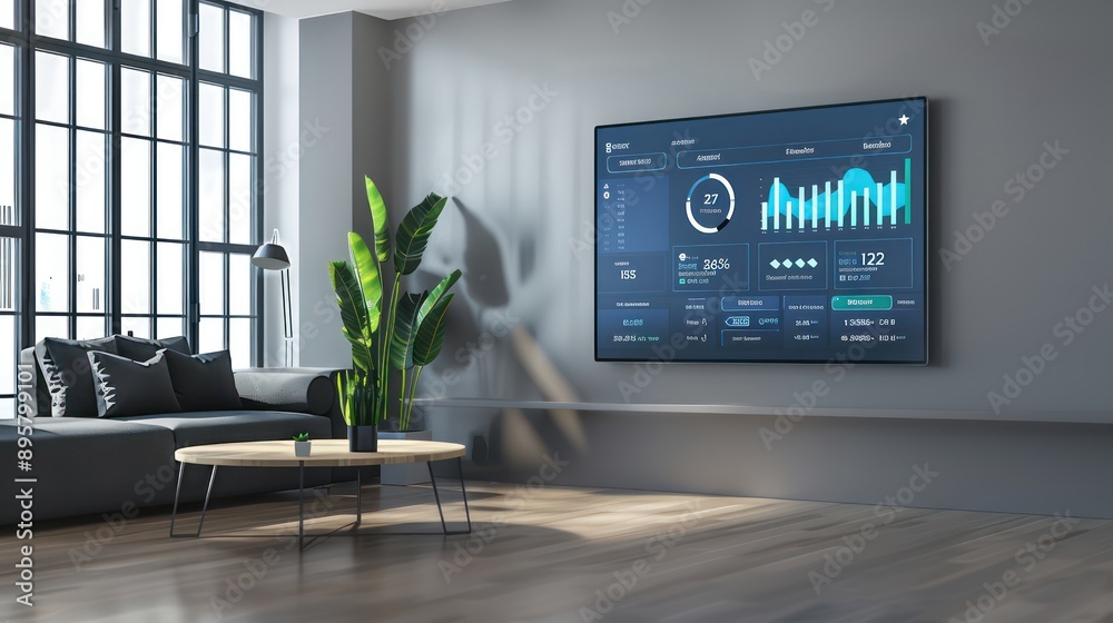 minimalist and stylish financial planning interface on a large, wall ...