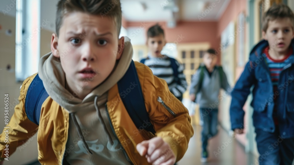 Schoolboy looking scared as he is bullied by a classmate in the school ...