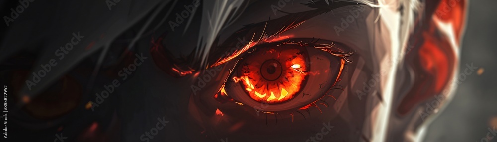 Characters eye glowing with a piercing red light the rest of the face ...