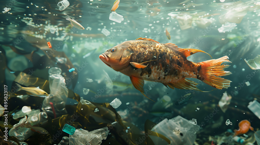 Fish Swimming Amidst Plastic Pollution in Ocean, Emphasizing Marine ...