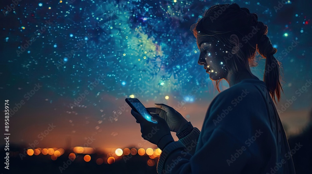 Person using an AR app to identify constellations in the night sky ...