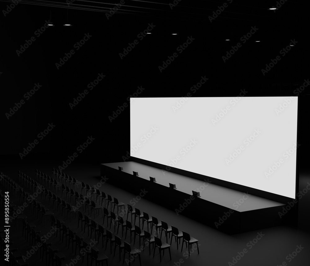 Presentation Hall audithorium empty with big blank screen mockup. Rows ...