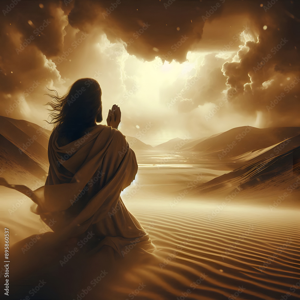 A realistic and evocative image of Jesus walking alone in the vast ...