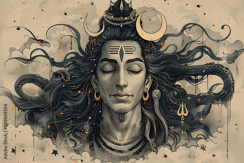 Shiva, a prominent deity in Hinduism, depicted with a crescent moon on ...