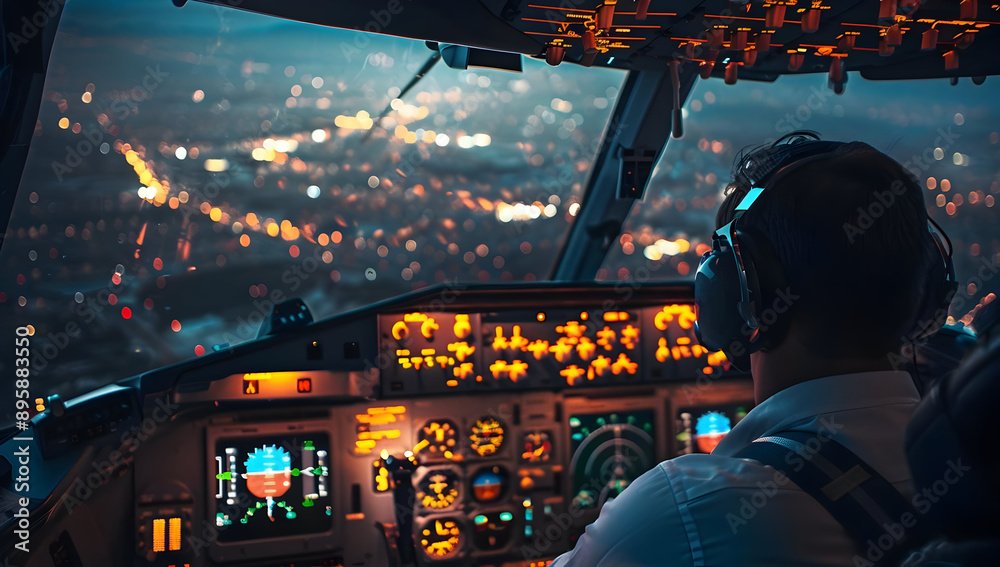Airplane cockpit at night with pilot navigating city lights below ...