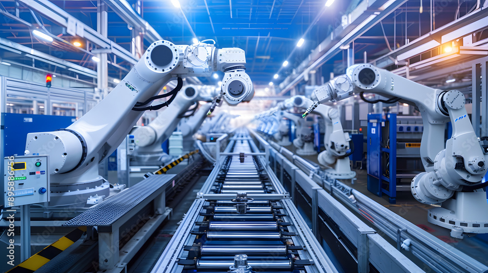 Automated Robotics Arm Assembly Line in Futuristic Smart Factory ...