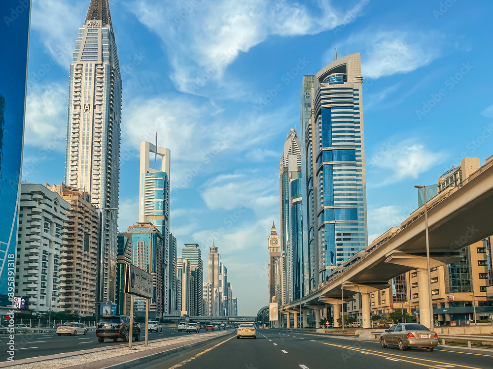 Dubai city - view of the iconic Dubai landmarks and Sheikh Zayed road ...