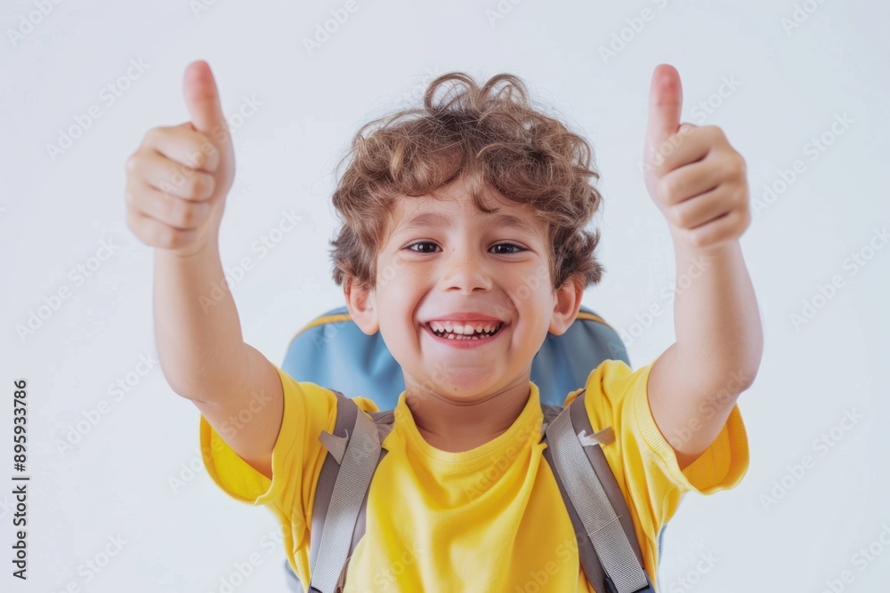 Happy boy with backpack, raising and pointing thumbs up. White ...