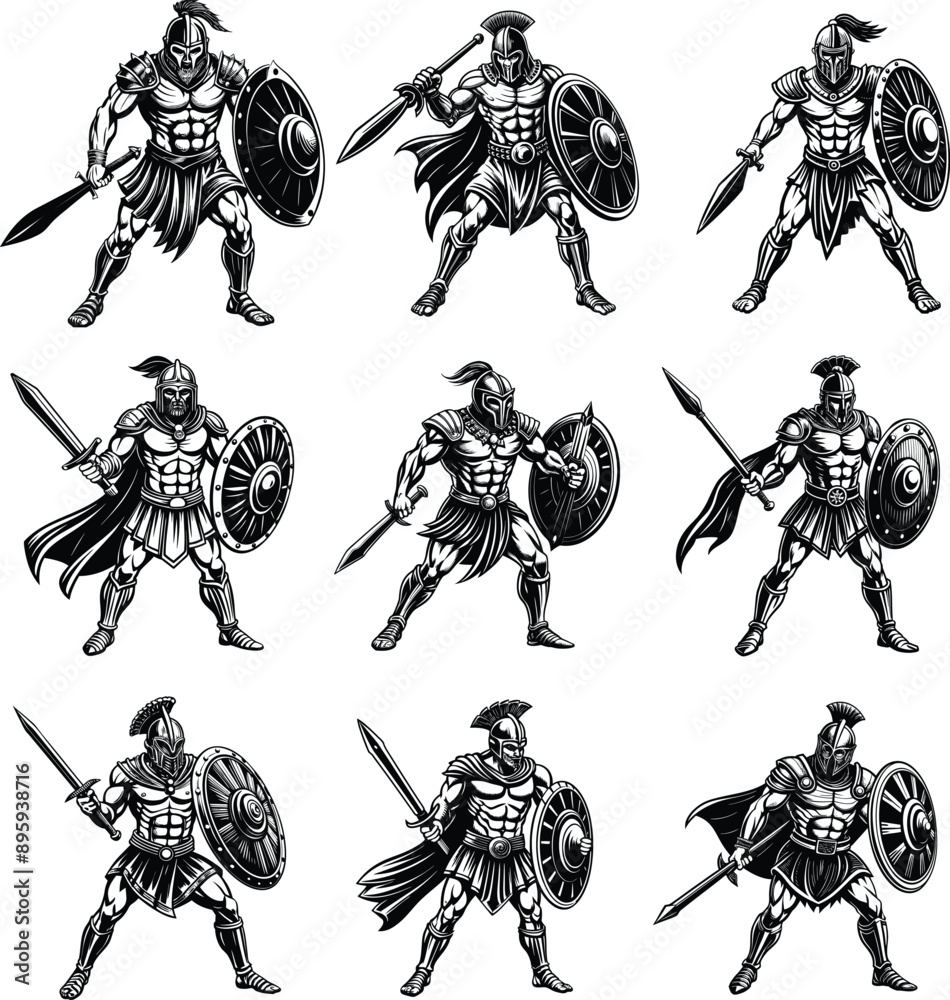 Gladiator battle pose with sword and shield silhouettes vector art ...