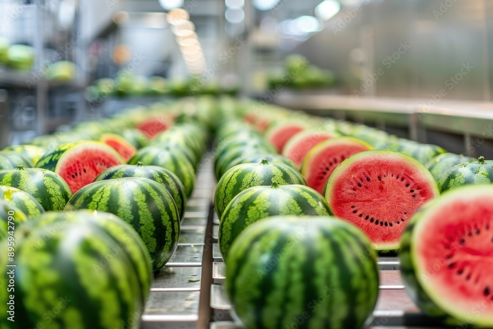 Watermelon in a food processing facility, clean and fresh, ready for ...