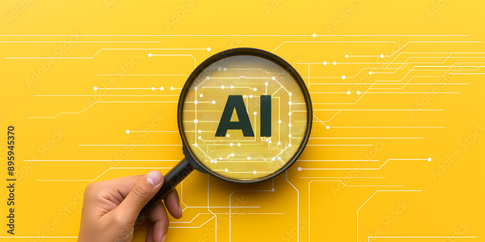Businessman holding magnifying glass showing ai sign on yellow ...