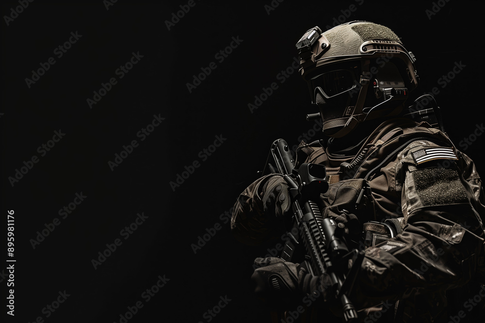 A heavily armored soldier in tactical gear holding an assault rifle ...