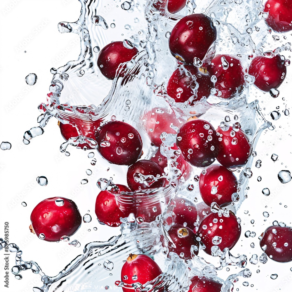 Bright red cranberries with water splashing around them, detailed ...