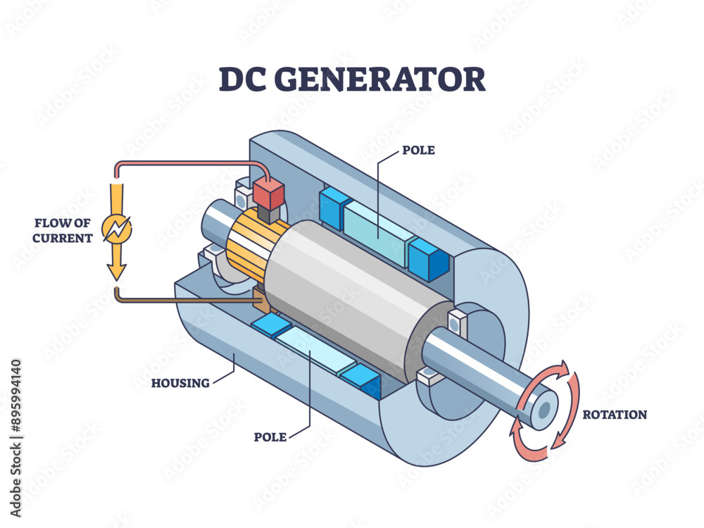 DC, direct current electricity generator mechanical principle outline ...