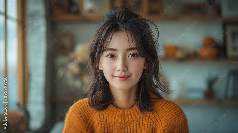 Frontal full body young woman, smile, fashion, hands hanging down ...