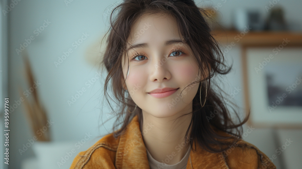 Frontal full body young woman, smile, fashion, hands hanging down ...