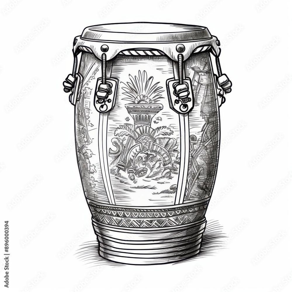 Black and white Vintage engraved art of a conga drum isolated on white ...