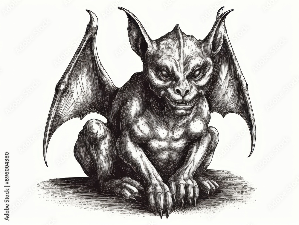 Black and white Vintage engraved art of a gargoyle isolated on white ...
