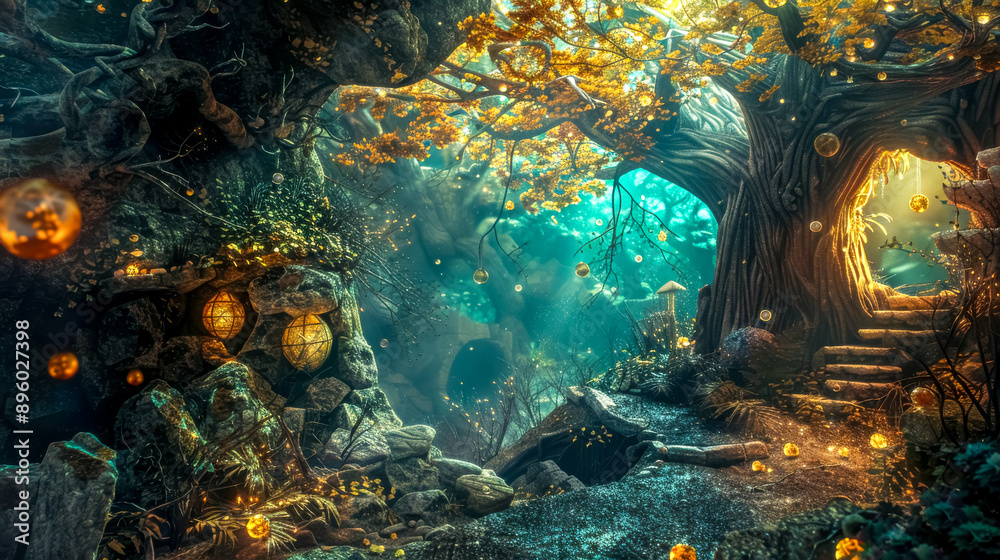 Enchanted forest path leading to glowing magical tree portal Stock ...