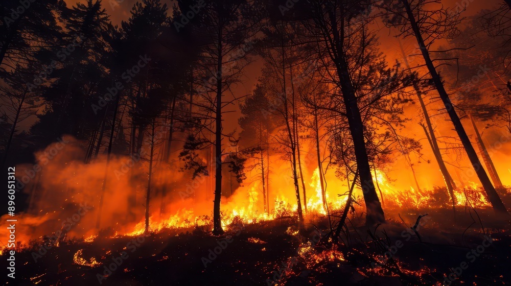 dramatic night scene of raging forest fire glowing embers and smoke ...