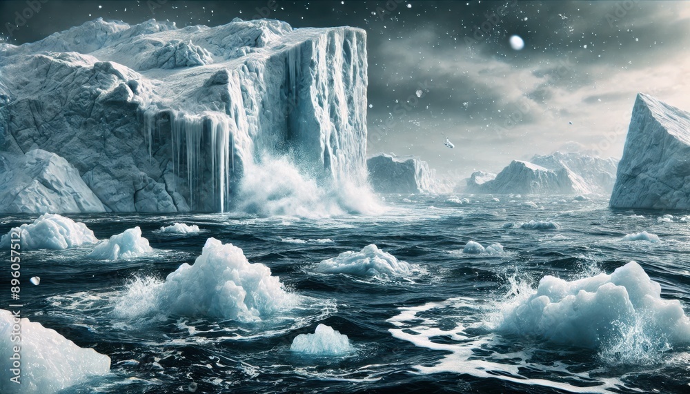 A realistic photography scene depicting the melting ice caps in the ...