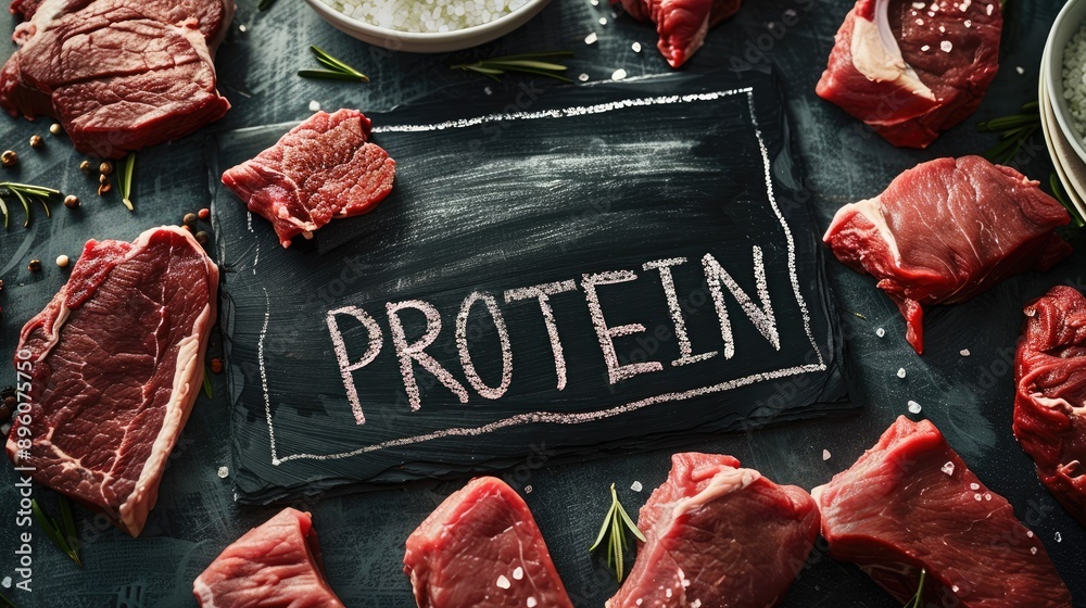 Protein written on a chalkboard surrounded by protein rich red meat ...