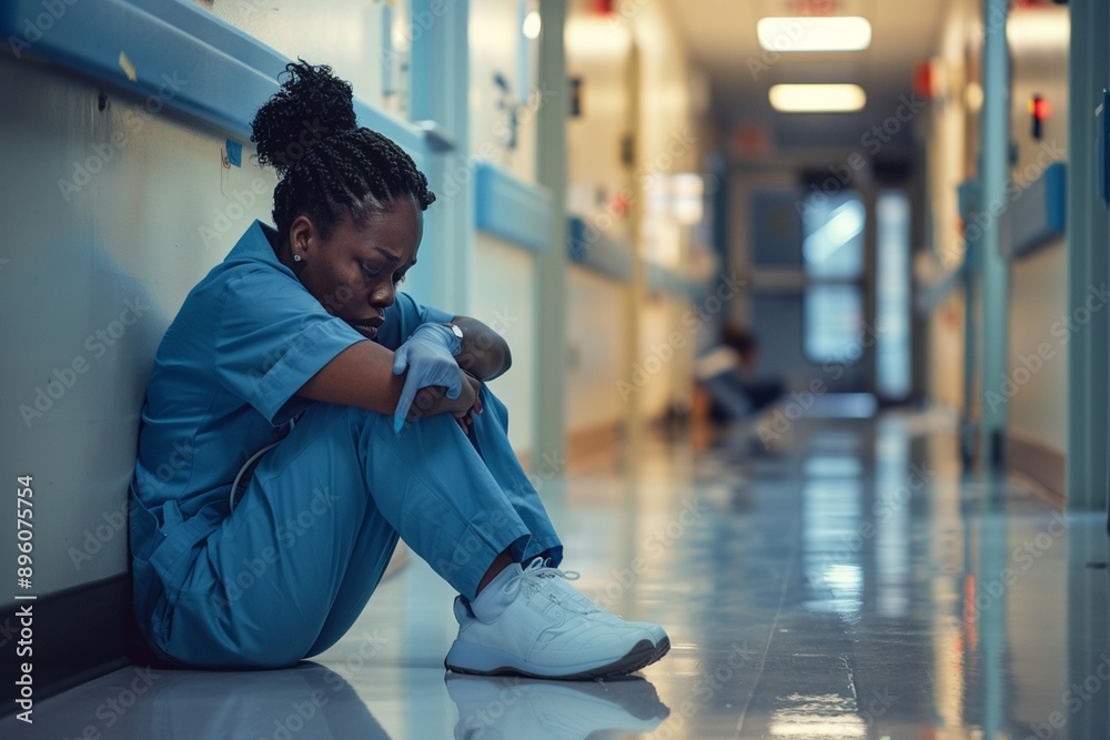 A black nurse in blue scrubs sits on the floor of an empty hospital ...