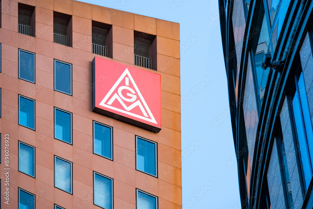 Red IGM sign IG Metall logo, German dominant metalworkers union on ...