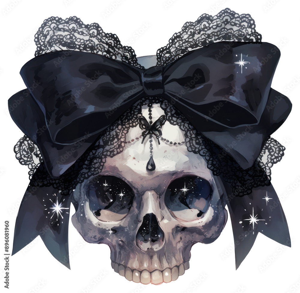 PNG Gothic skull with lace bow Stock Illustration | Adobe Stock