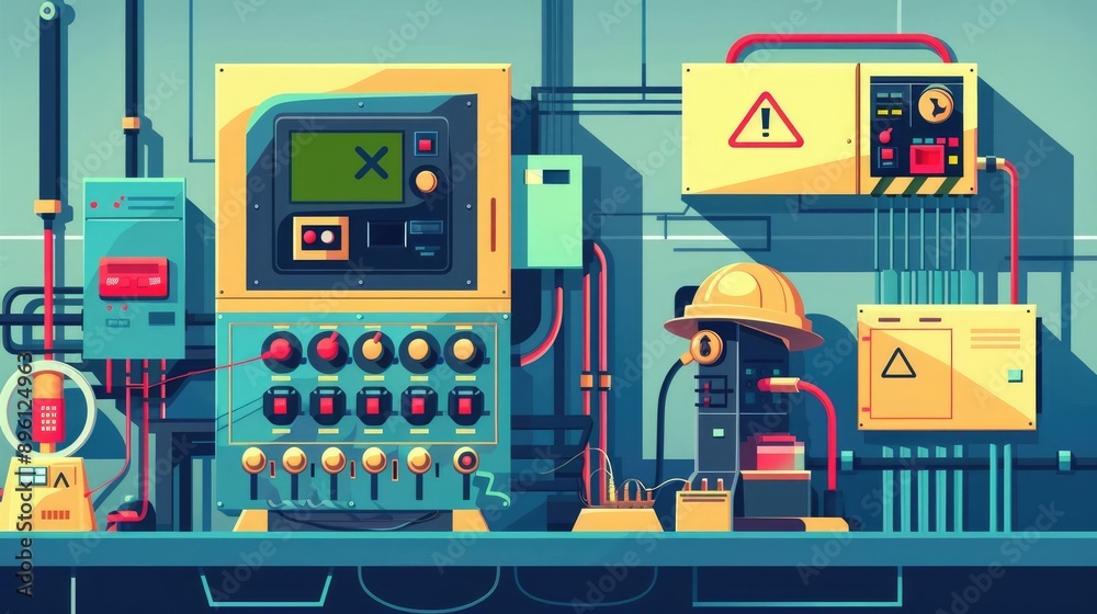 Cartoon illustration of an electrical control panel with various ...