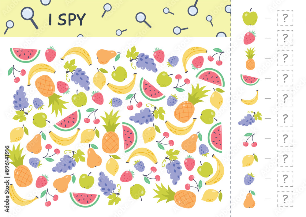 Fruits I spy childrens game. Printable worksheet for preschool children ...
