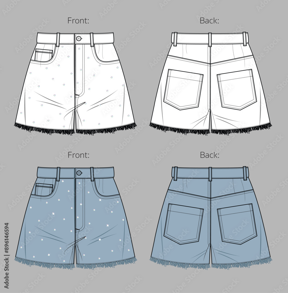Vector mini short with sparkling rhinestones fashion CAD, denim woman ...