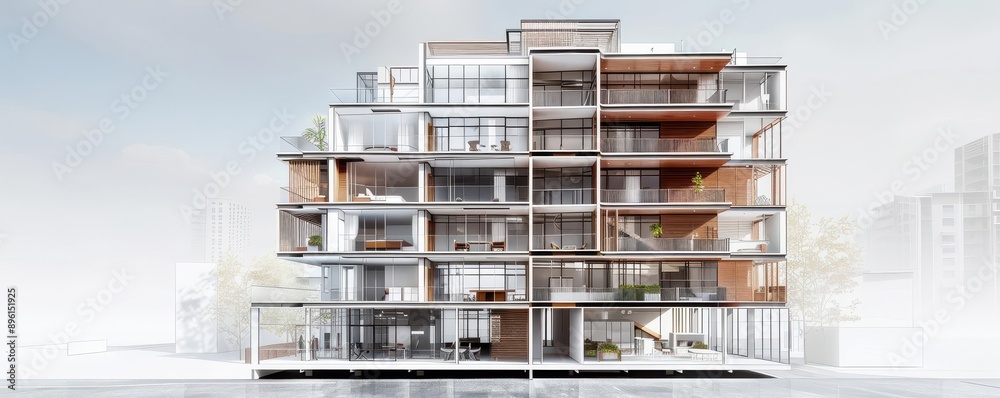 Modern architectural design showcases a stylish, multi-level building ...