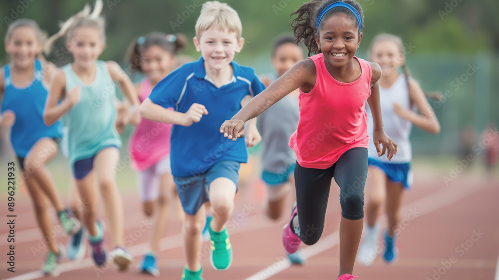 Children joyfully race on a track, with one girl in a pink top leading ...