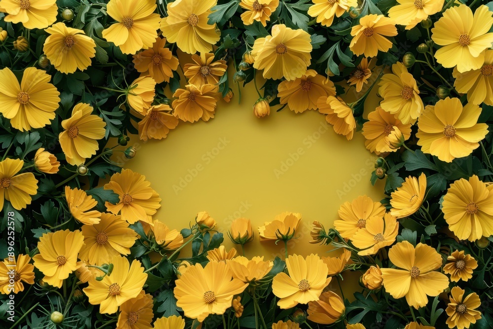 Beautiful yellow flowers border the frame background with copy space in ...
