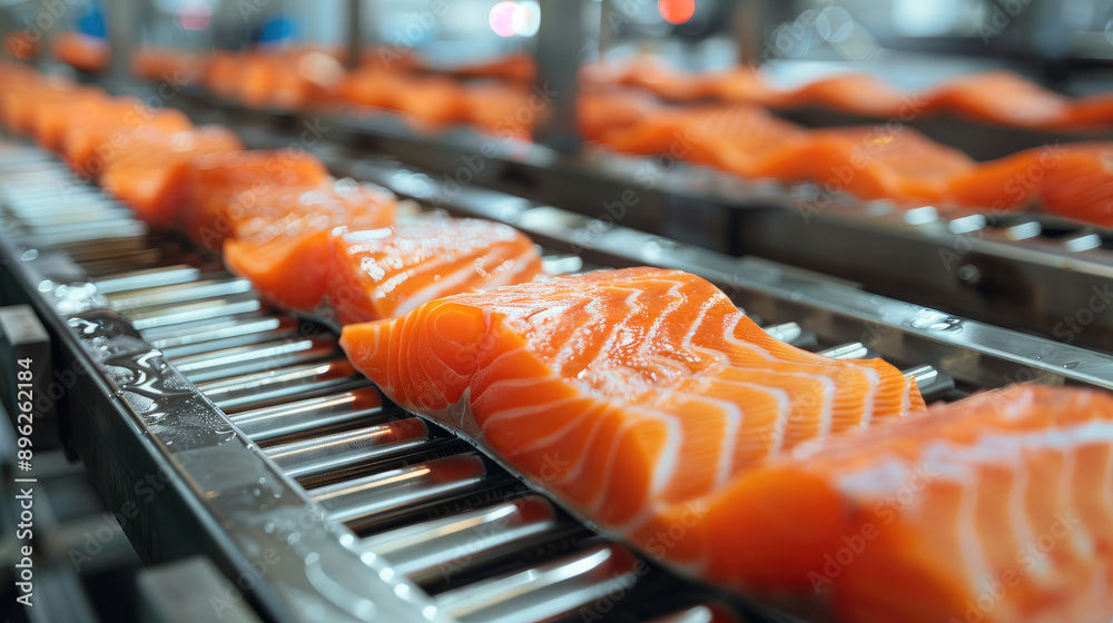 Close-up of a fresh salmon fillet on a conveyor belt in a fish ...