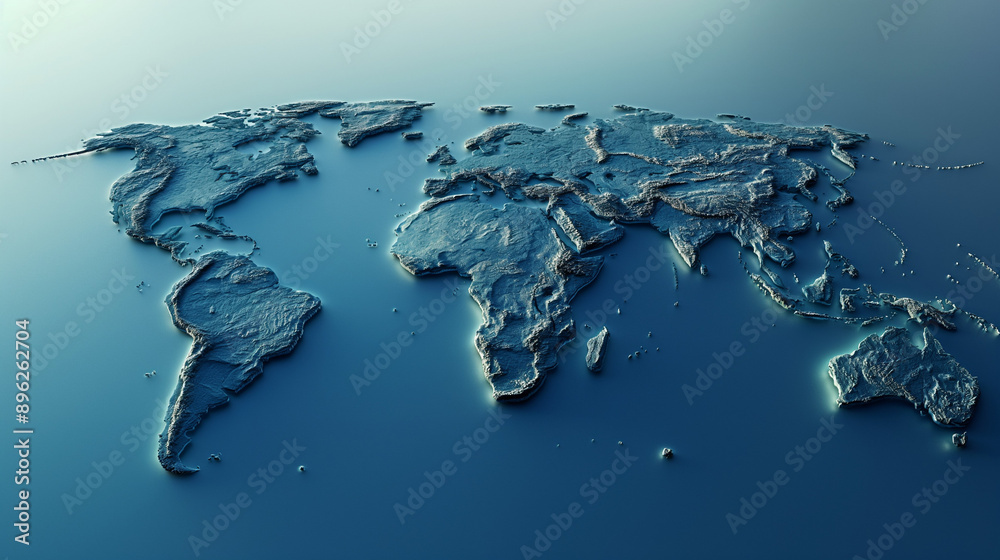 A 3D representation of the world map, with continents and oceans ...