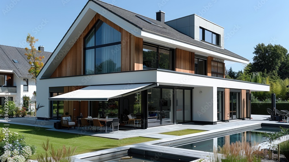 Modern two-story residential house, minimalist architecture, sunny day ...