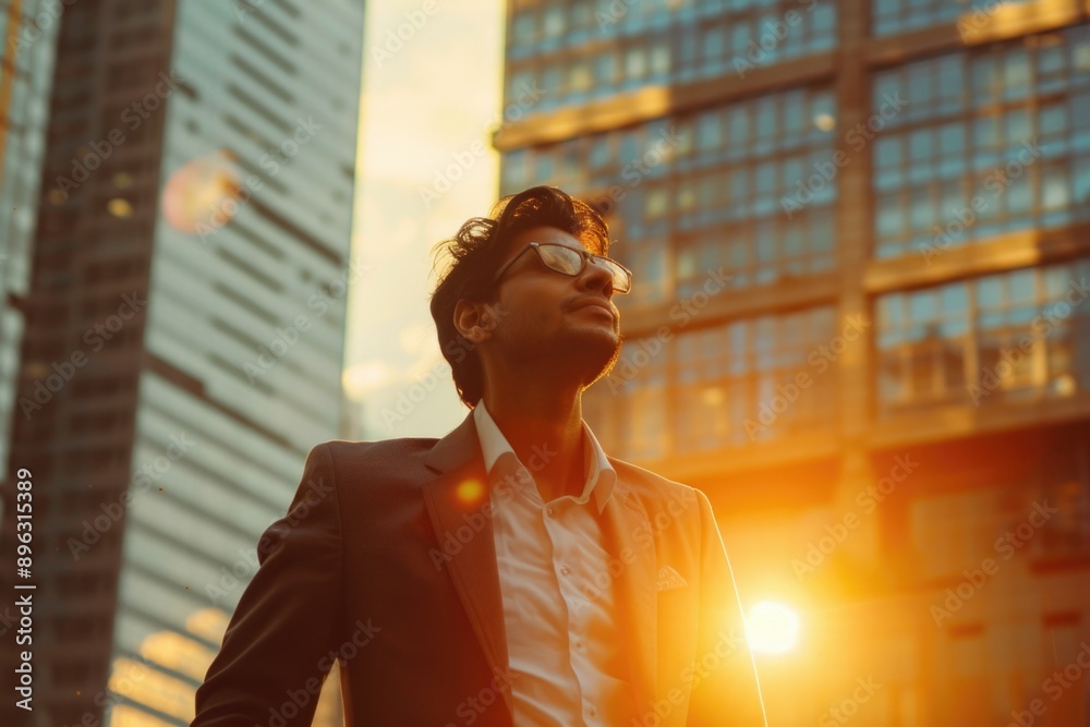 Successful business man poses for photograph at end of workday in ...