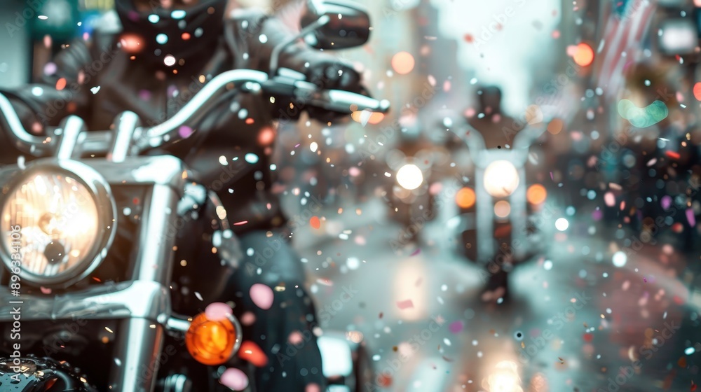 Harley Davidson riders on motorcycles take part in a festive parade ...