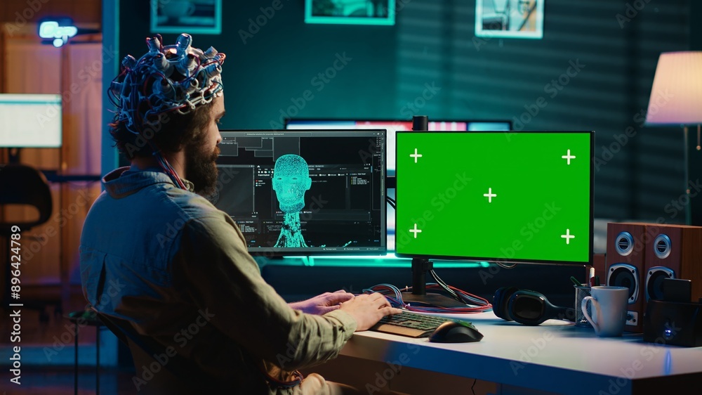 IT admin coding and using EEG headset to upload brain into mockup computer, gaining immortality ...